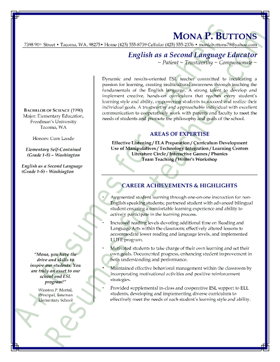 ESL Teacher Resume Sample Page 1 ESL Teacher Resume Sample Page 1
