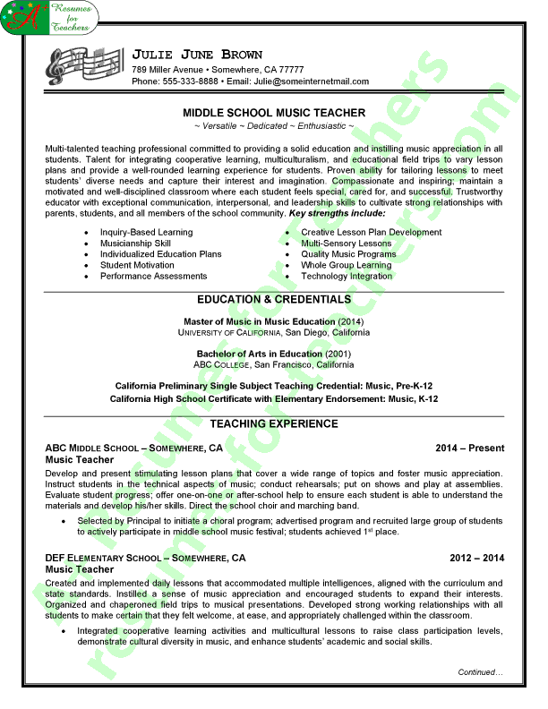 Music Teacher Resume Sample Page 1