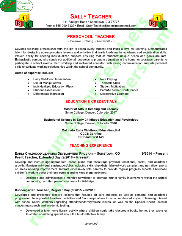 Preschool Teacher Resume Example