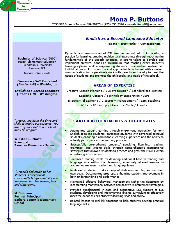 ESL Teacher Resume Sample