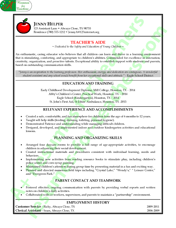 Teacher Assistant Resume Example A Resumes For Teachers